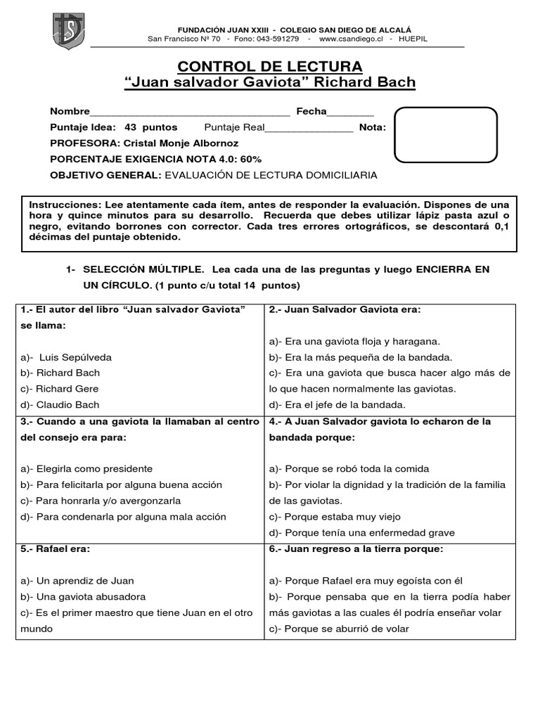 Control de Lectura Juan Salvador Gaviota | PDF