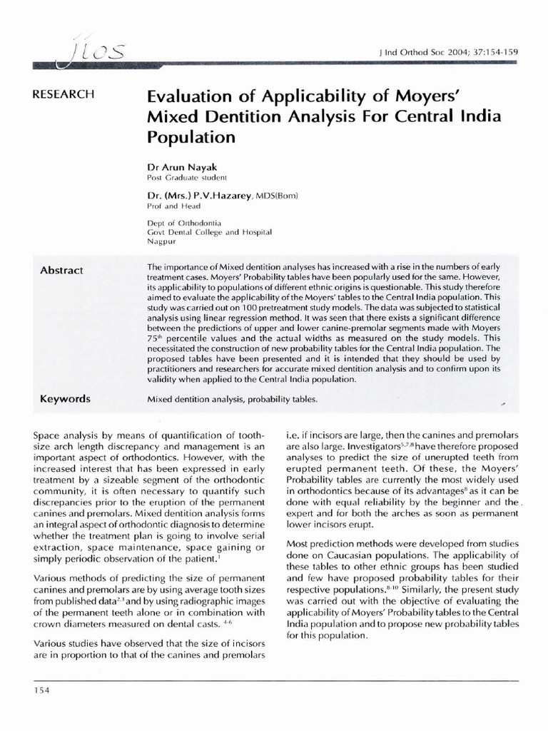 Evaluation of Applicability of Moyers' Mixed Dentition Analysis For ...