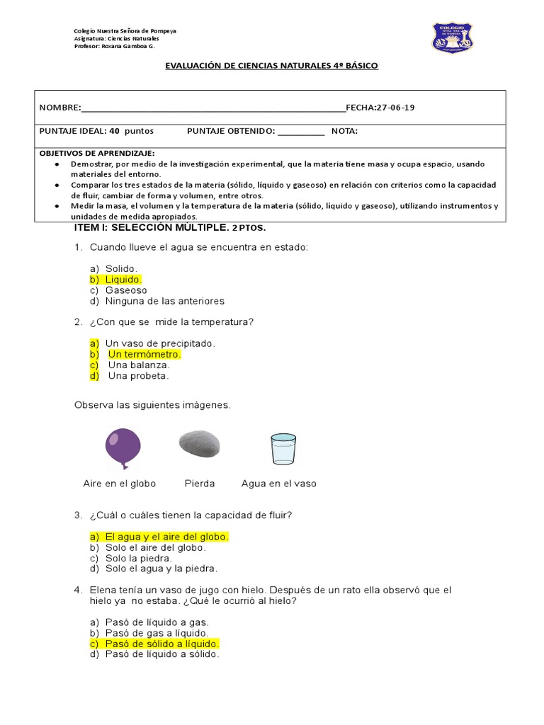 Prueba La Materia 4to Basico | PDF | Litro | Volumen