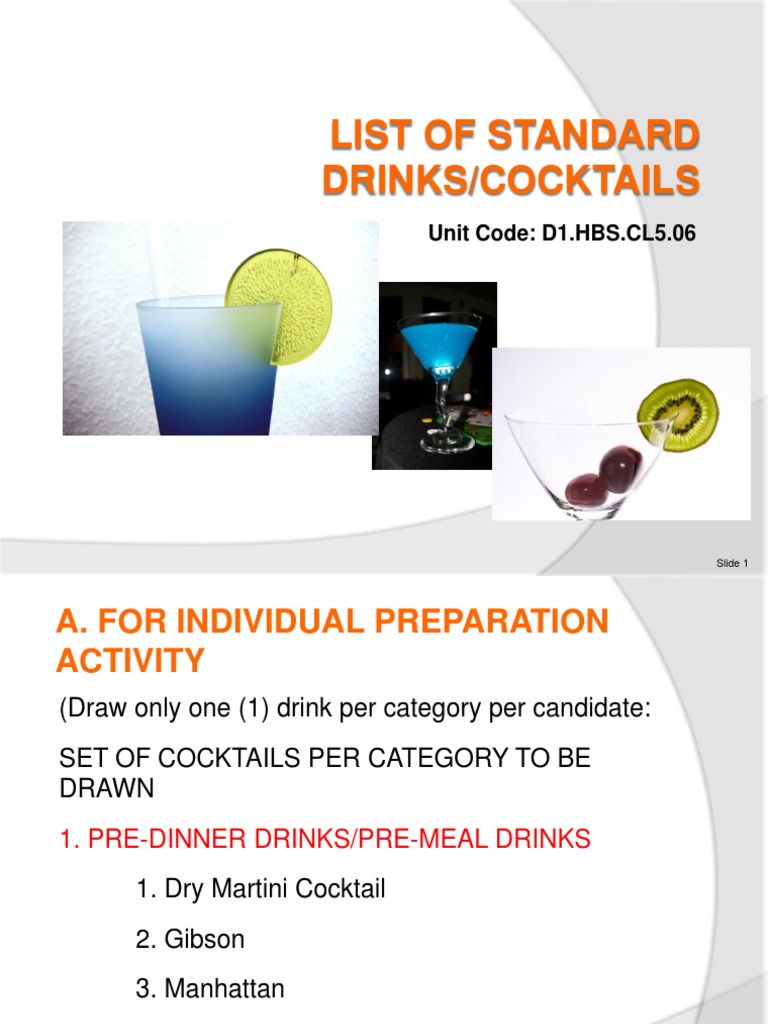 Standard Drinks and Mixing Methods | PDF | Martini (Cocktail) | Cocktails
