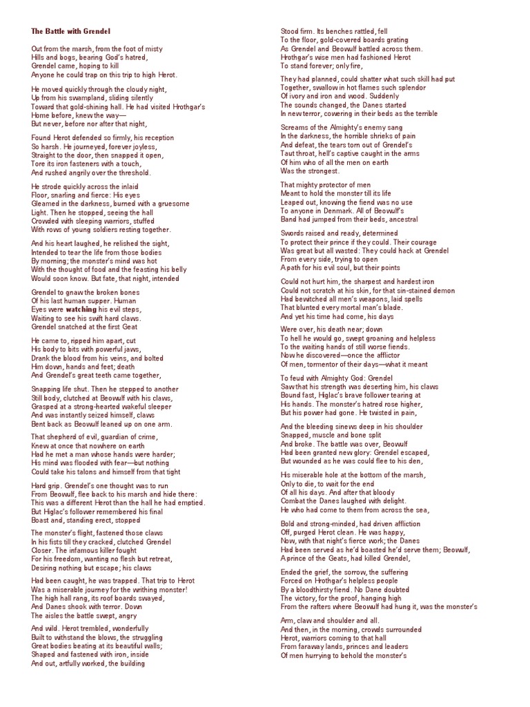 The Battle With Grendel | PDF | Beowulf