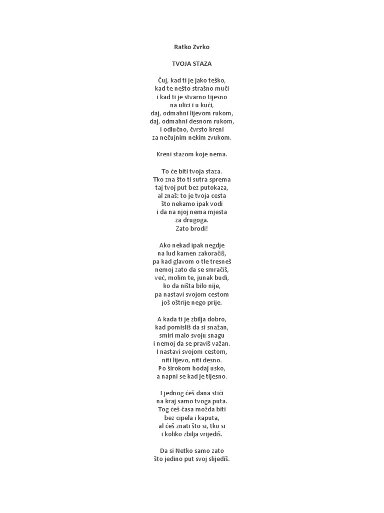 Ratko Zvrko, Tvoja Staza - Pjesma | PDF