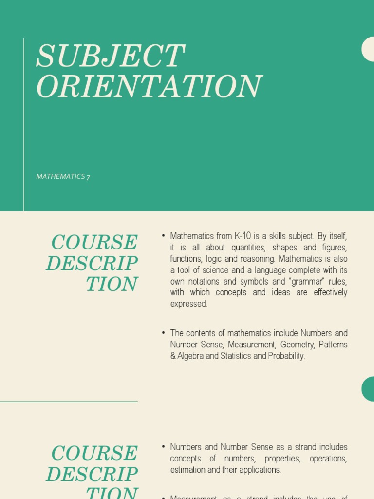 Subject Orientation: Mathematics 7 | PDF | Geometry | Teaching Mathematics