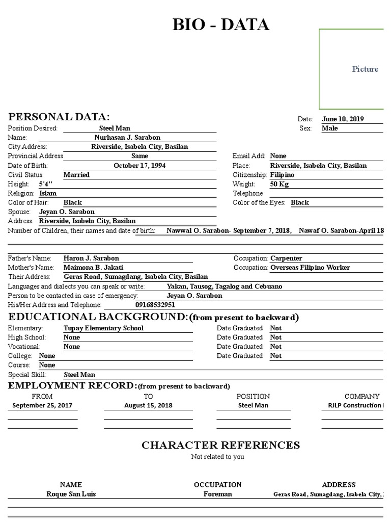 Biodata Form Philippines