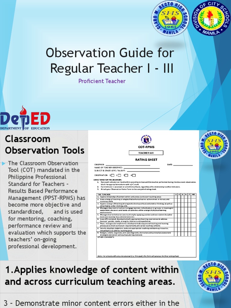 Observation Guide For Regular Teacher I Iii Pdf Educational