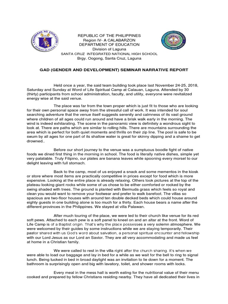 Gad (Gender and Development) Seminar Narrative Report: Santa Cruz ...