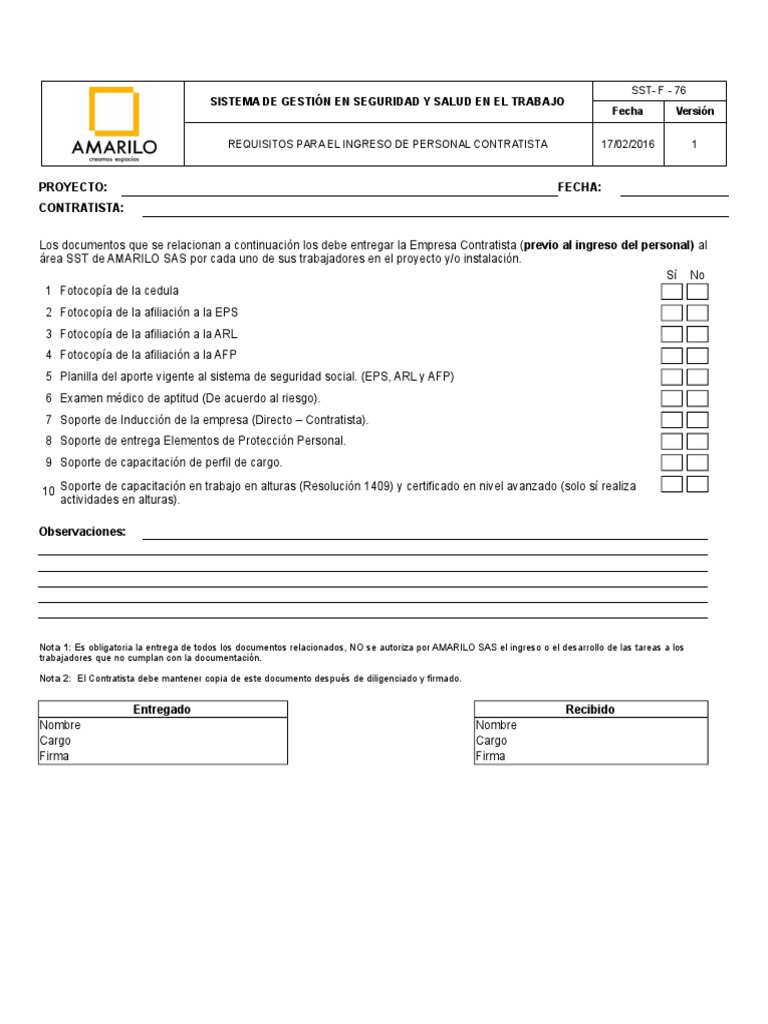 Sst-f-76-Requisitos para El Ingreso Personal Contratista | PDF | Business | Informática y ...