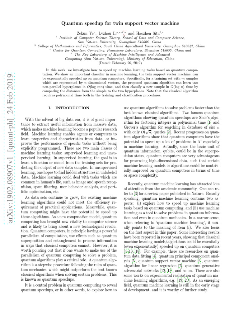 Quantum Speedup For Twin Support Vector Machine: A A, C, D B, C | PDF | Machine Learning ...