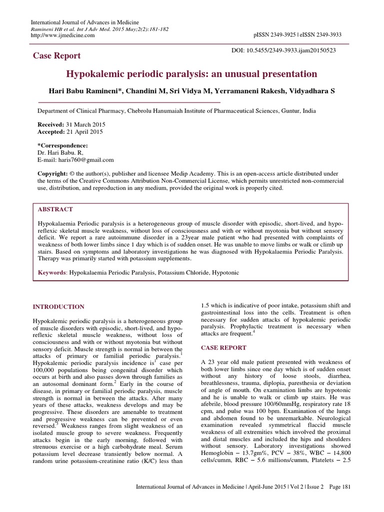 Hypokalemic Periodic Paralysis: An Unusual Presentation: Case Report ...