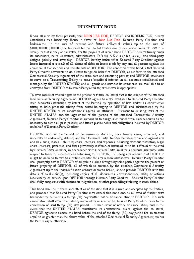 Indemnity Bond | PDF | Debtor | Indemnity