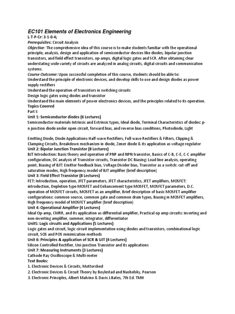 EC101 Elements of Electronics Engineering | PDF | Bipolar Junction Transistor | Transistor