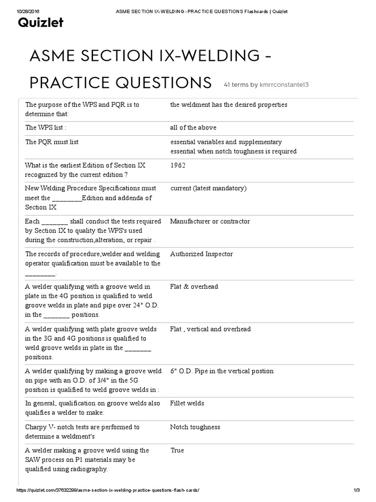ASME Section IX Welding Quizlet | PDF | Welding | Construction