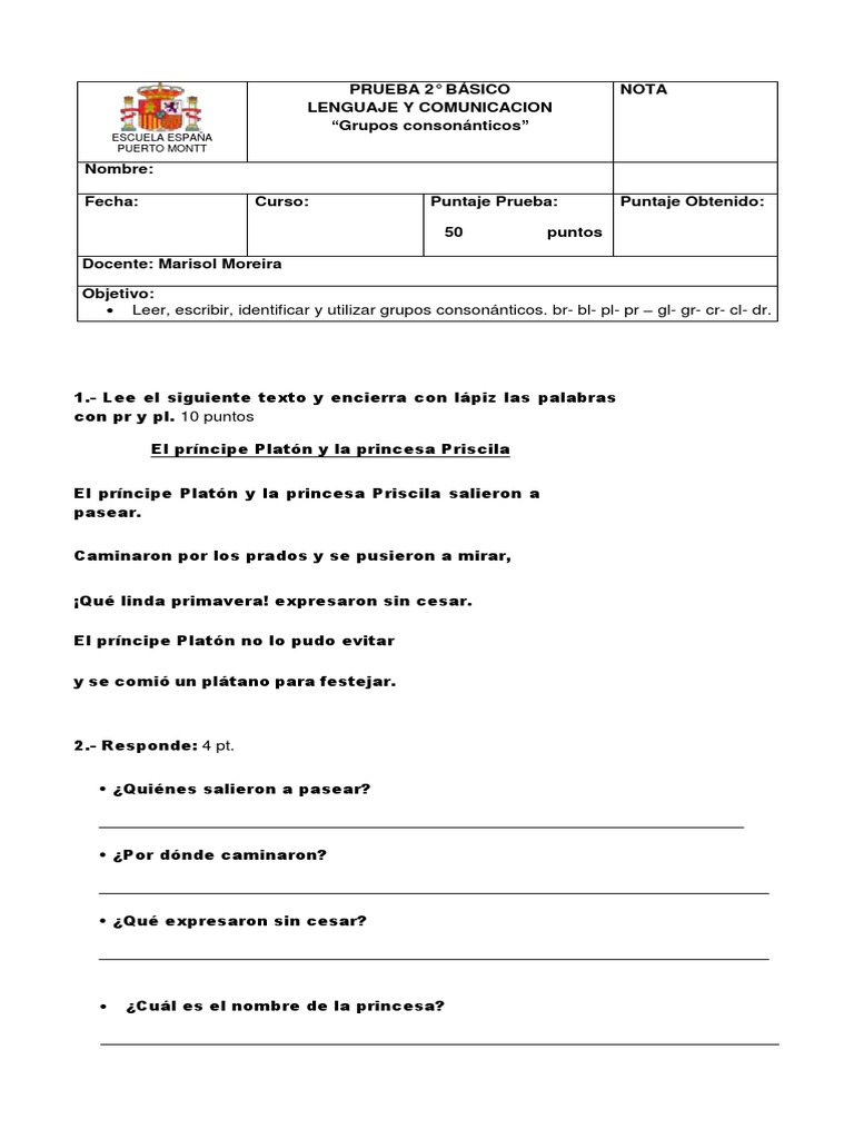 Dictado de Grupos Consonánticos | PDF