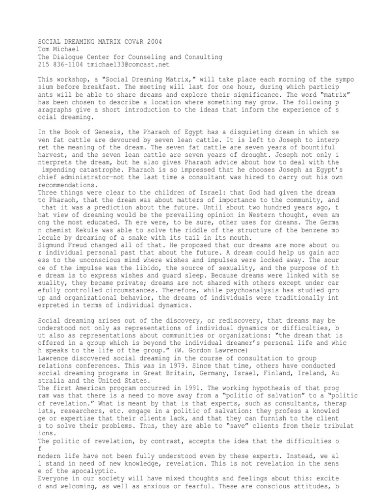 Social Dreaming Matrix | PDF | Dream | Unconscious Mind