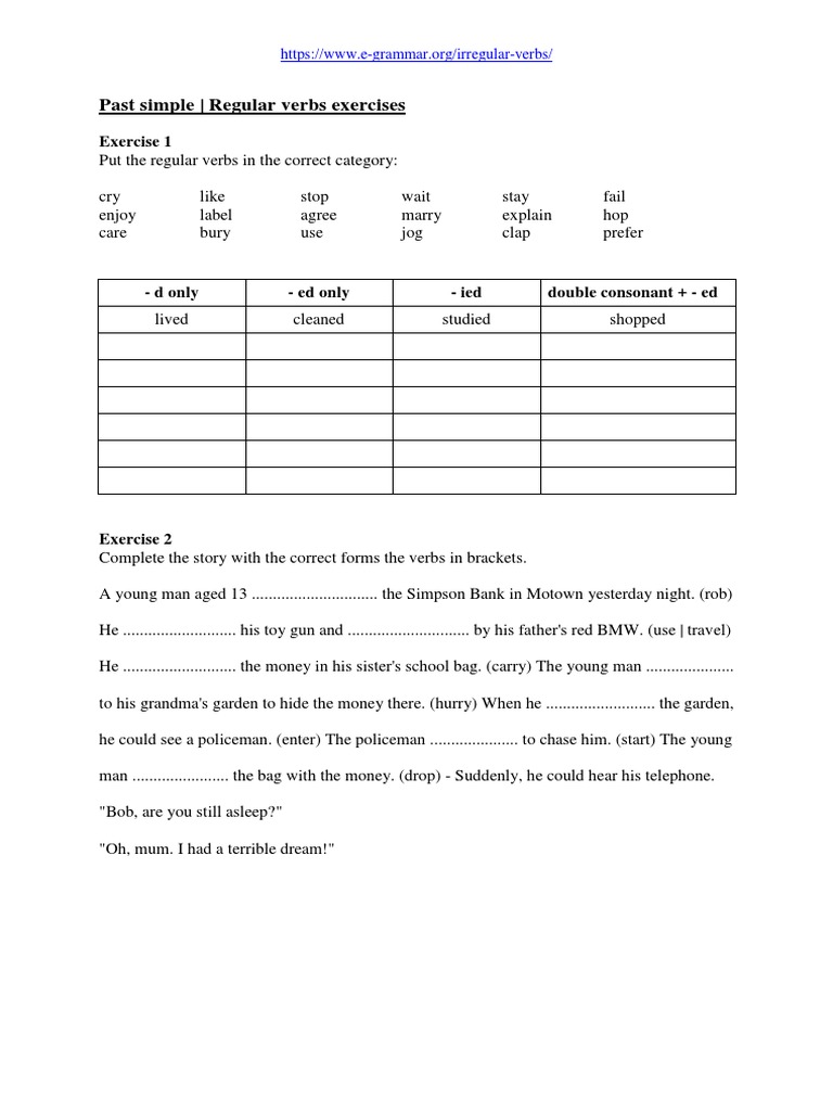 Past Simple Regular Verbs Exercises PDF | PDF