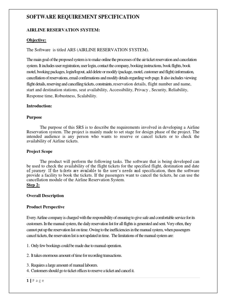 Software Requirement Specification: Airline Reservation System: Objective | PDF | Graphical User ...