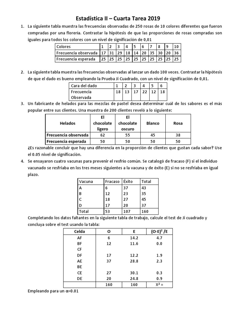 Cuarta Tarea - Balotario - Estadistica II-2019 | PDF | Prueba (evaluación) | Análisis de variación