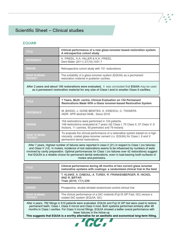 Scientific Sheet - Clinical Studies: Equia® | PDF | Dental Composite ...
