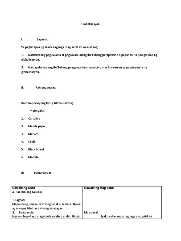 Lesson Plan Yunit I Globalisasyon | PDF