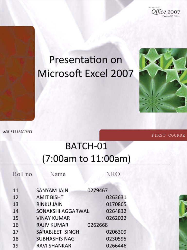 Presentation On Microsoft Excel 2007: First Course | PDF | Microsoft Excel | Spreadsheet