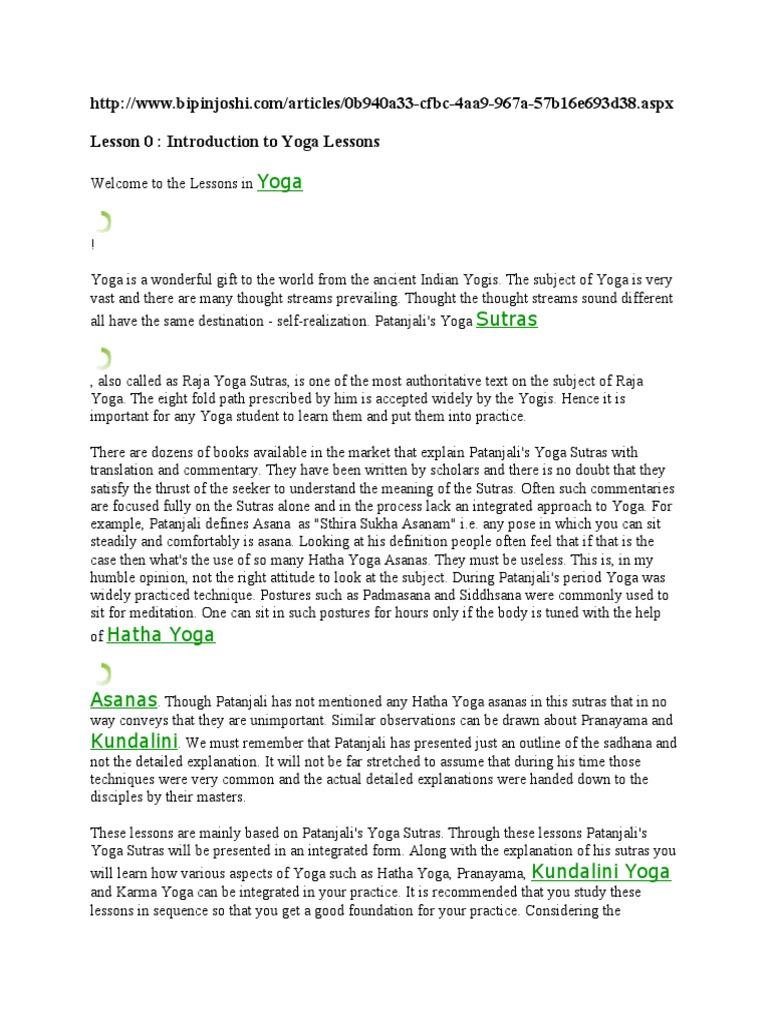 Lesson 0: Introduction To Yoga Lessons | PDF | Yoga | Asana