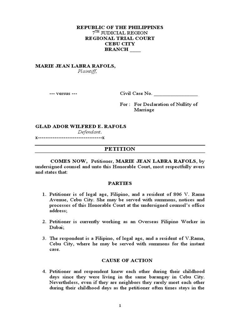 Petition For Declaration of Nullity of Marriage | PDF | Personality ...