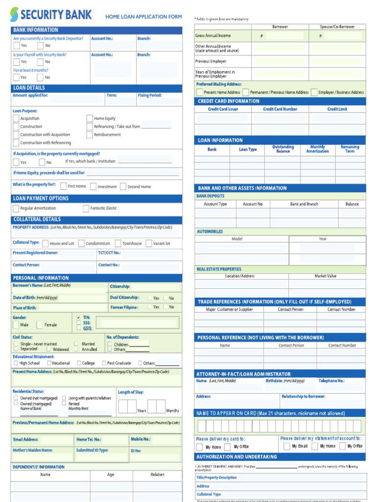 Security Bank Home Loan Application Form | PDF | Banks | Loans