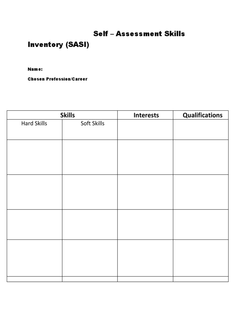 Self - Assessment Skills Inventory (SASI) : Hard Skills Soft Skills ...