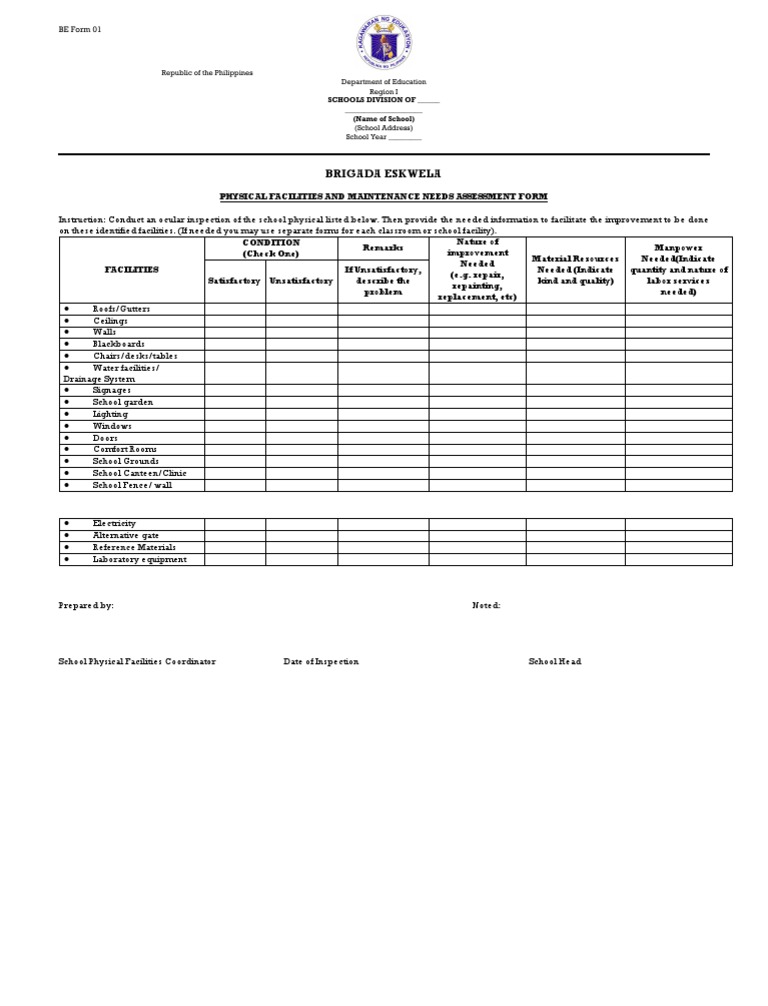 Be Form 1 Physical Facilities and Maintenance Needs Assessment Form ...