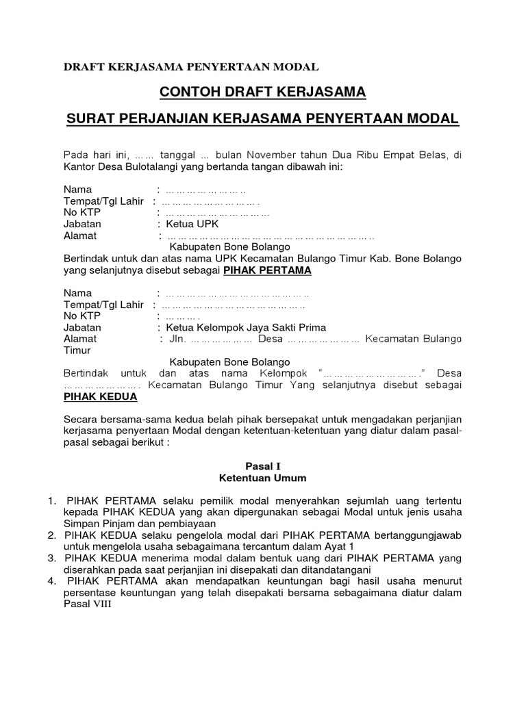 Contoh Surat Perjanjian Modal Usaha | PDF