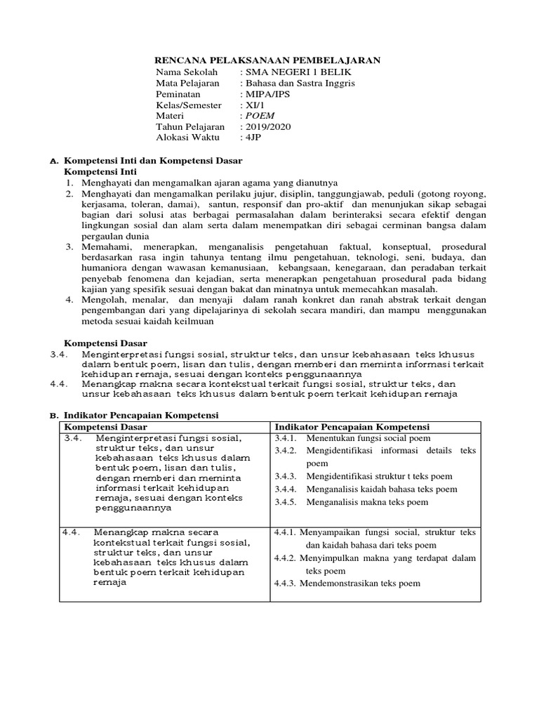 RPP Poem | PDF | Karier & Perkembangan | Seni & Disiplin Bahasa
