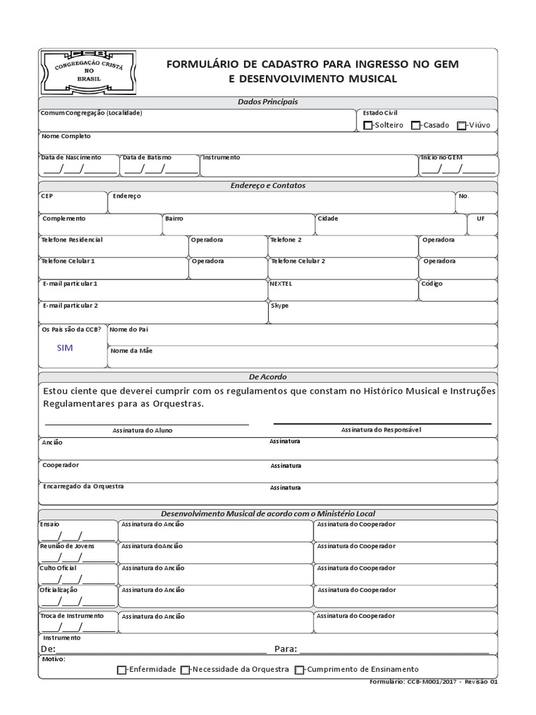 Formulário de Cadastro Para Ingresso no GEM e Desenvolvimento Musical ...