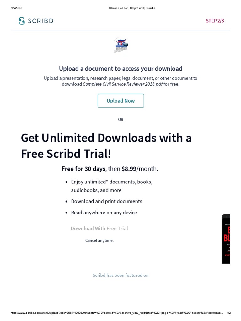 Upload a Document or Start a Free Trial: Choosing Your Scribd Plan | PDF