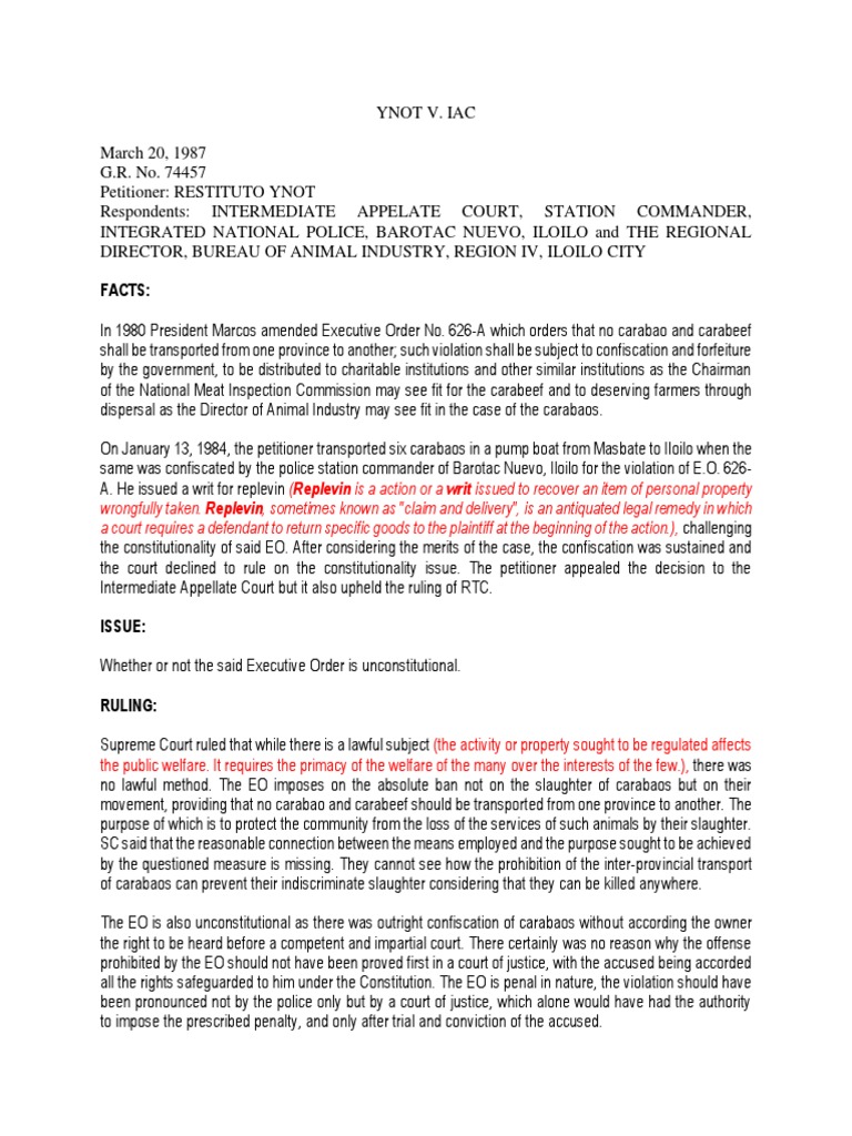 YNOT V.iac - Case Digest | PDF | Animal Slaughter | Courts
