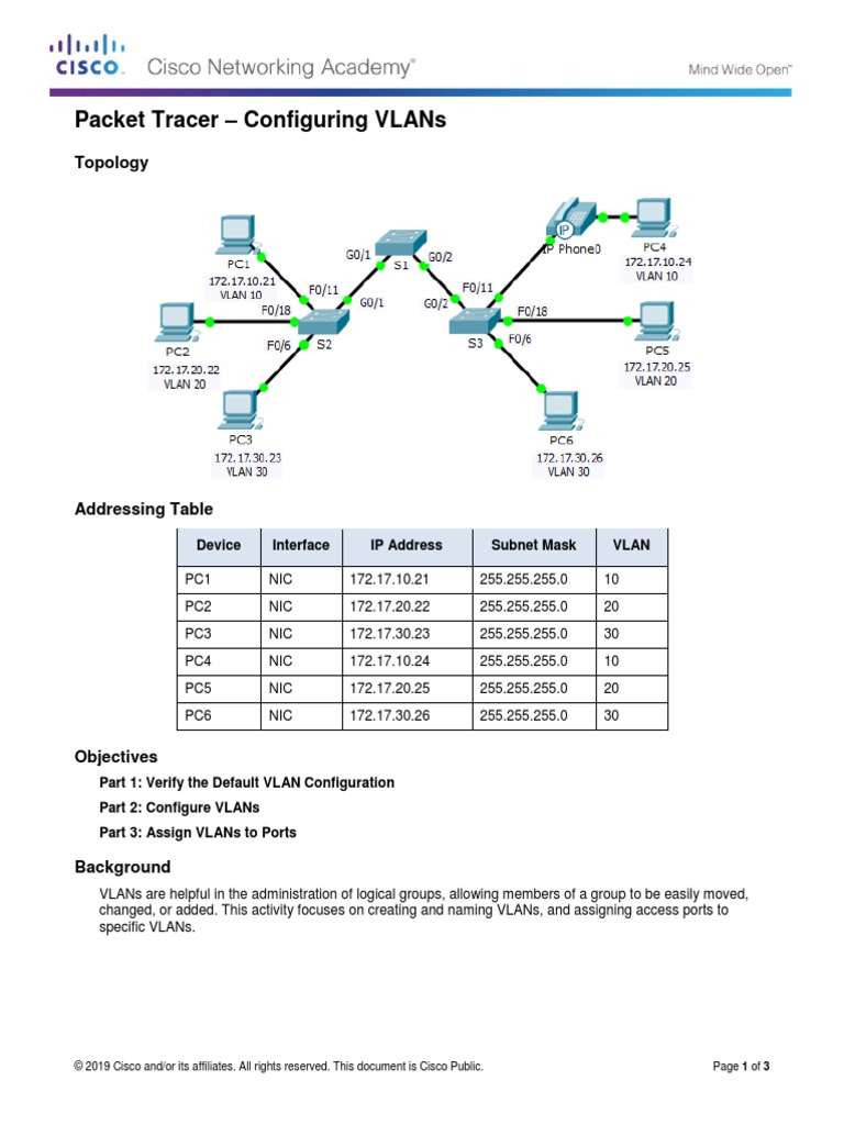 6.2.1.7 Packet Tracer - Configuring VLANs Instructions | PDF | Network Switch | Network ...