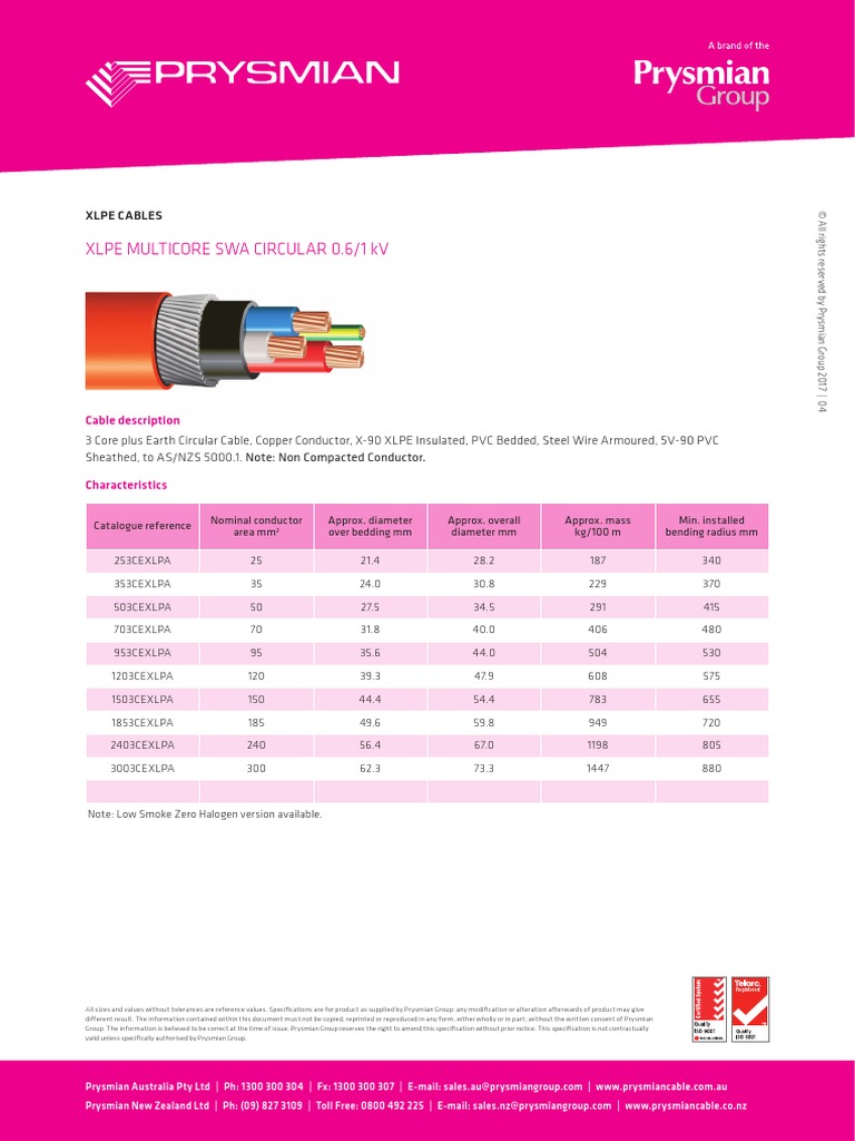 Prysmian XLPE Multicore 3CORE SWA Circular 0-6/1kV | PDF | Electrical Wiring | Insulator ...