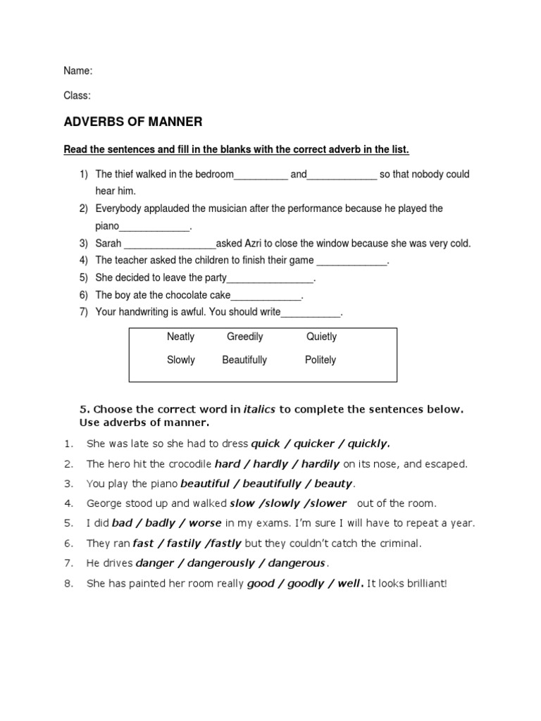 Adverbs of Manner Exercise | PDF