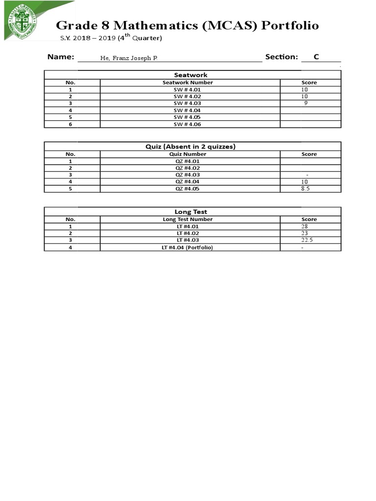 Grade 8 Mathematics (MCAS) Portfolio: Name: Section: C | PDF | Quiz ...