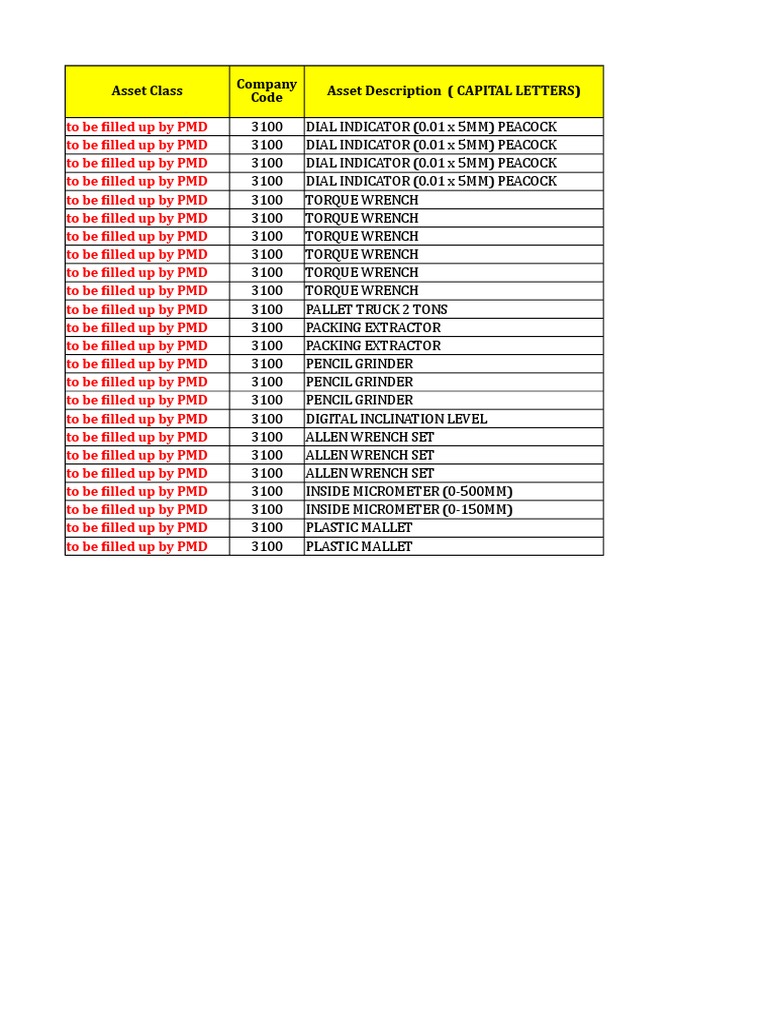 Asset Master Data Template - JMMWong | PDF | Tools