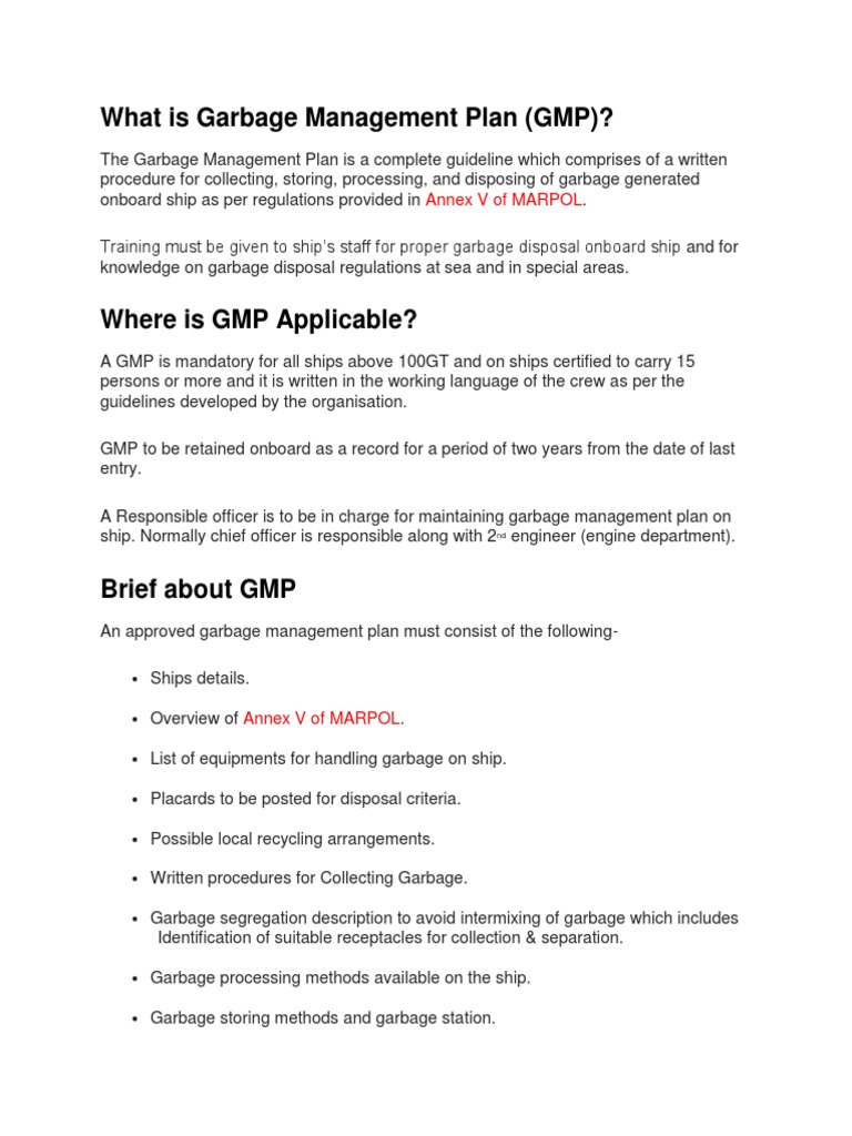 What Is Garbage Management Plan (GMP) ?: Annex V of MARPOL | PDF
