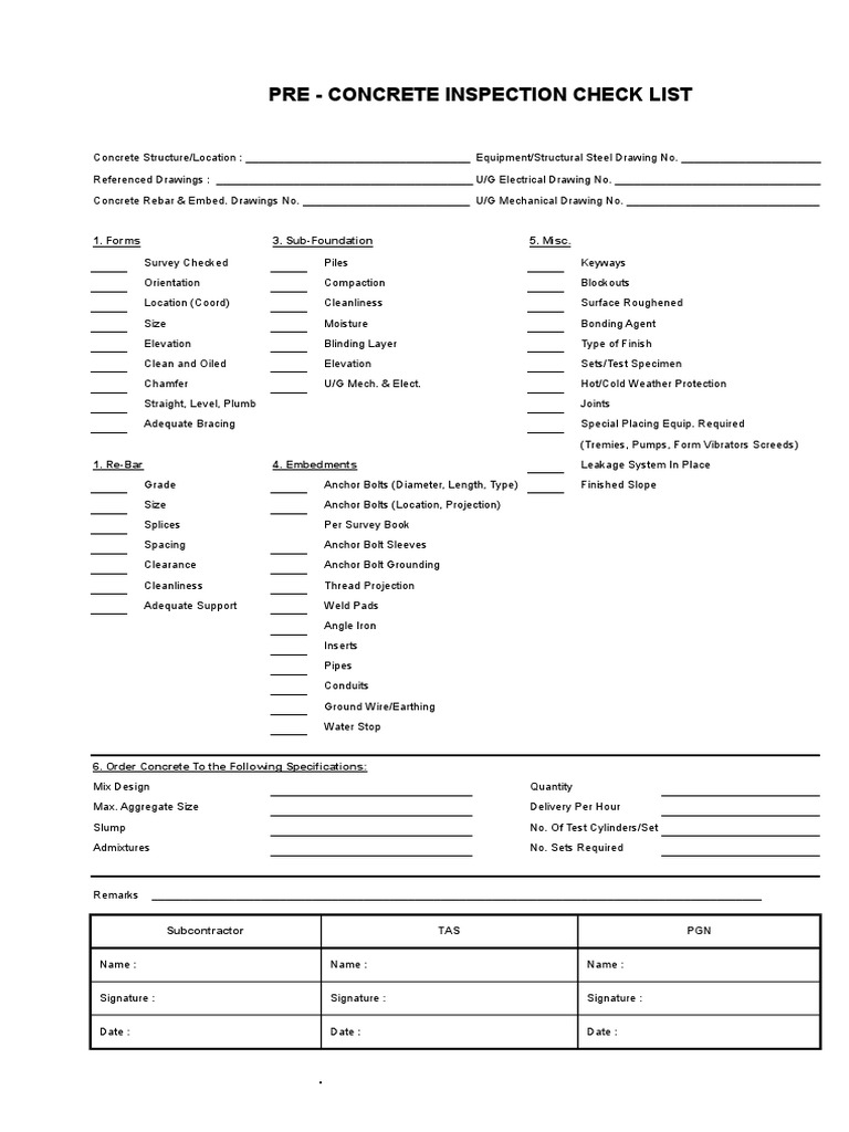 Pre-Concrete Inspection Checklist Form | PDF | Concrete | Pipe (Fluid ...