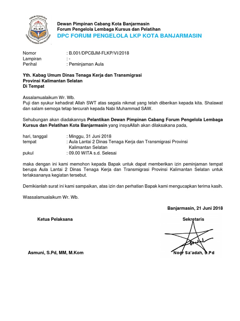 Contoh Surat Pinjam Aula FPLKP | PDF