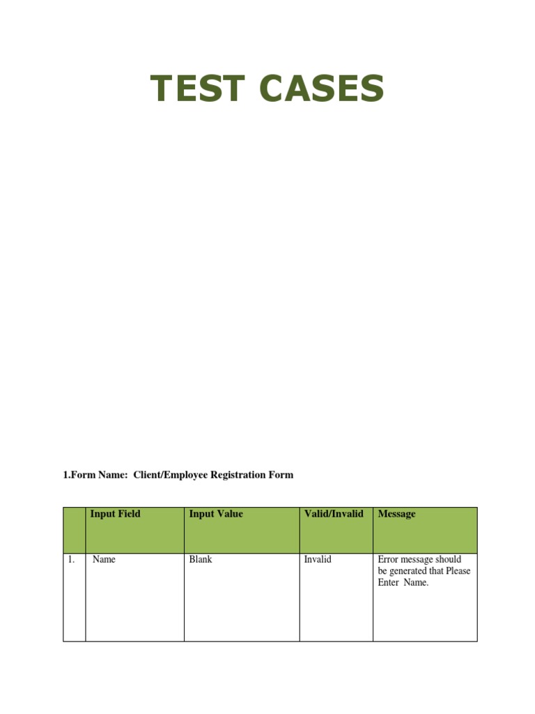 Test Cases: 1.form Name: Client/Employee Registration Form | PDF ...