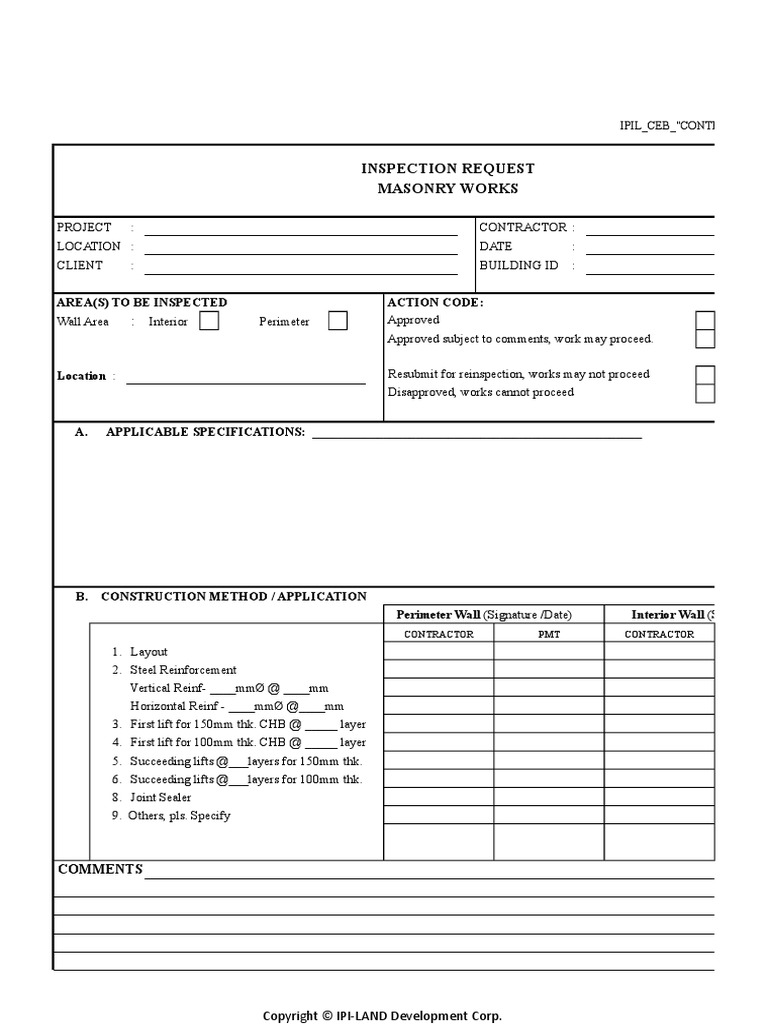 Inspection Request Masonry Works: Area (S) To Be Inspected Action Code ...