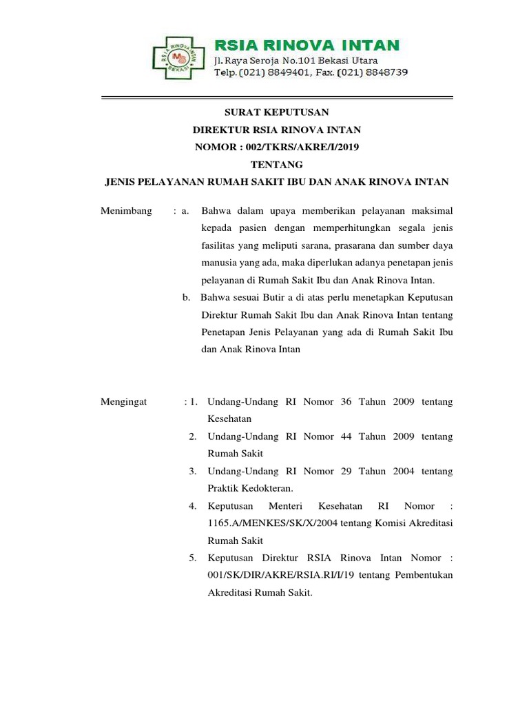 Keputusan Jenis Pelayanan RSIA Rinova | PDF