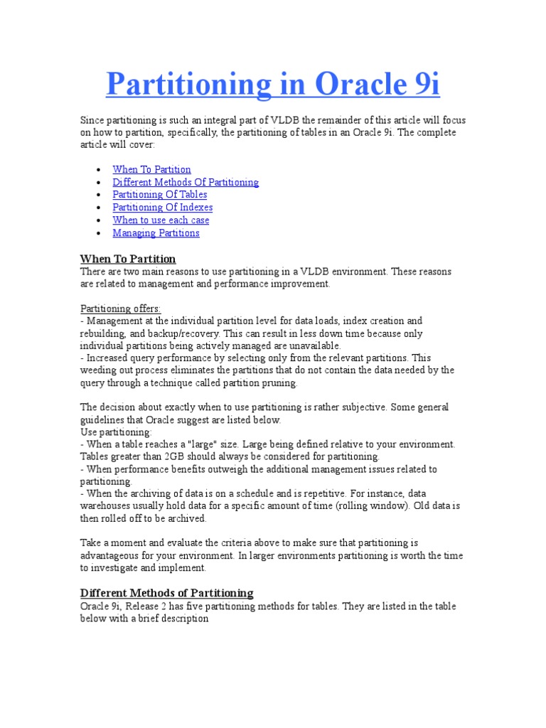 Partitioning in Oracle 9i | PDF