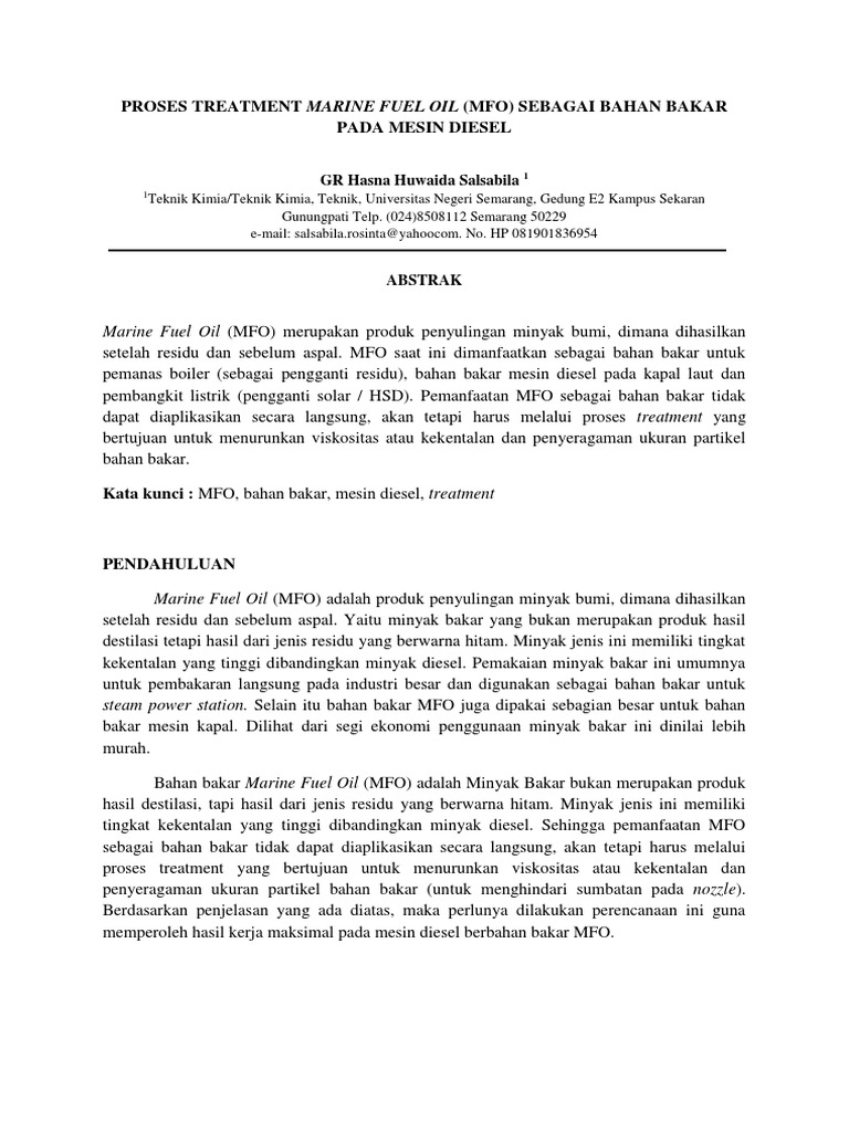 Proses Treatment Marine Fuel Oil (Mfo) Sebagai Bahan Bakar Pada Mesin ...
