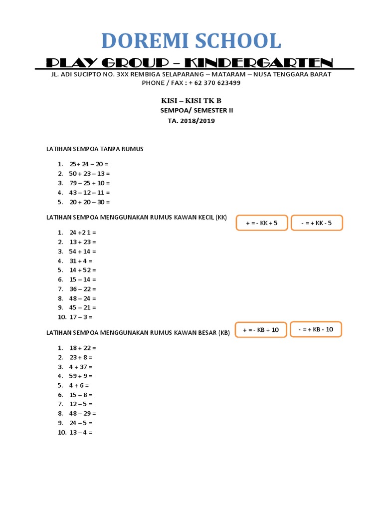 Latihan Soal Sempoa Kelas TK B | PDF