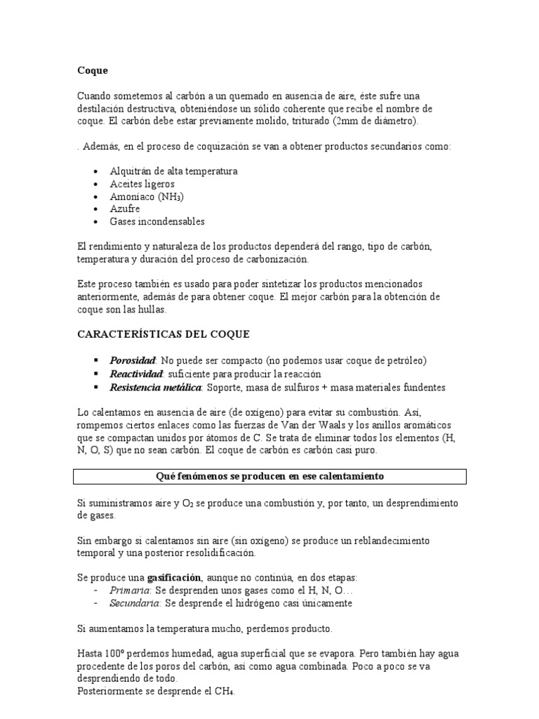 Características y propiedades del coque | PDF | Hidrógeno | Combustión