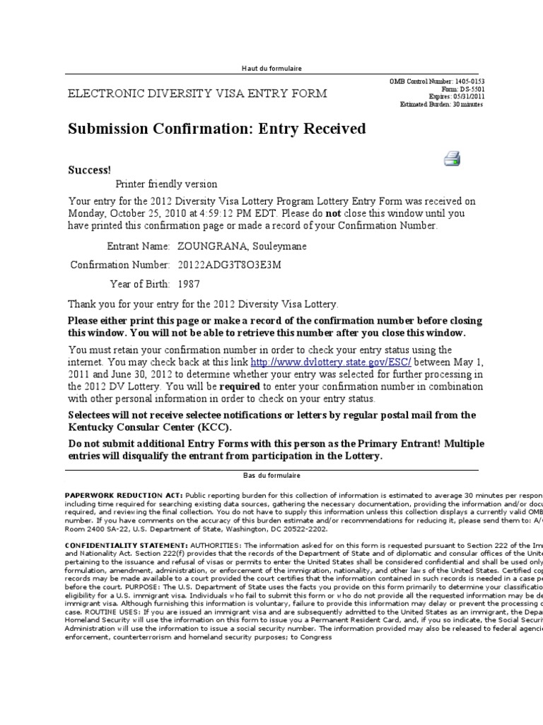 Submission Confirmation: Entry Received: Electronic Diversity Visa ...